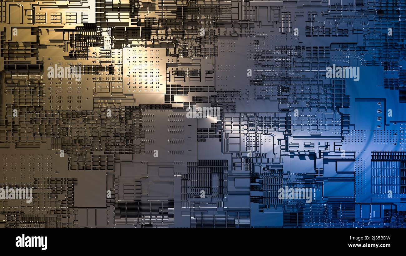 3d cpu processor chip background. Technological metal abstract illustration of microcircuit and ...