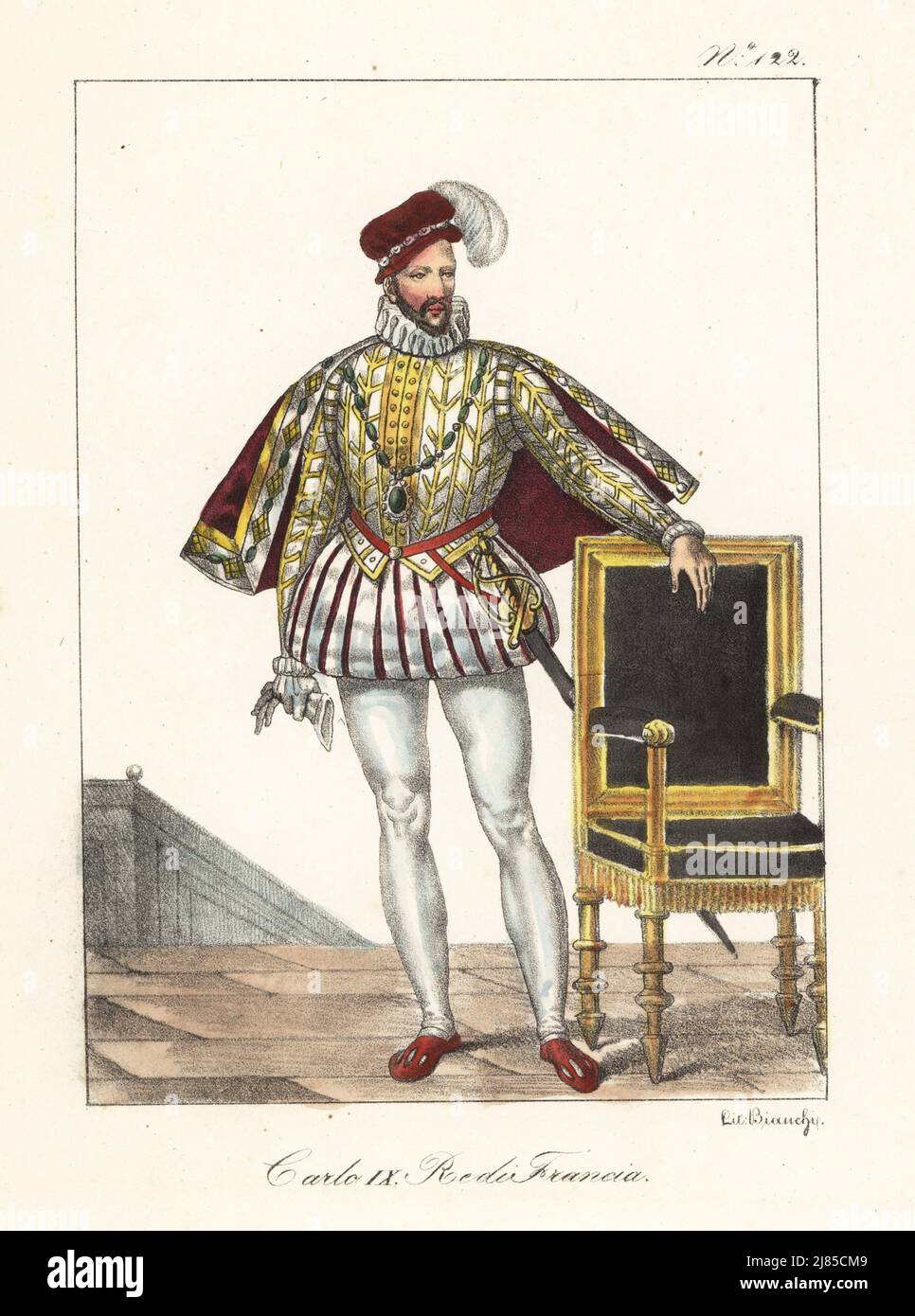 King Charles IX of France, 1550-1574. In plumed cap, short cape, embroidered doublet, slashed ...