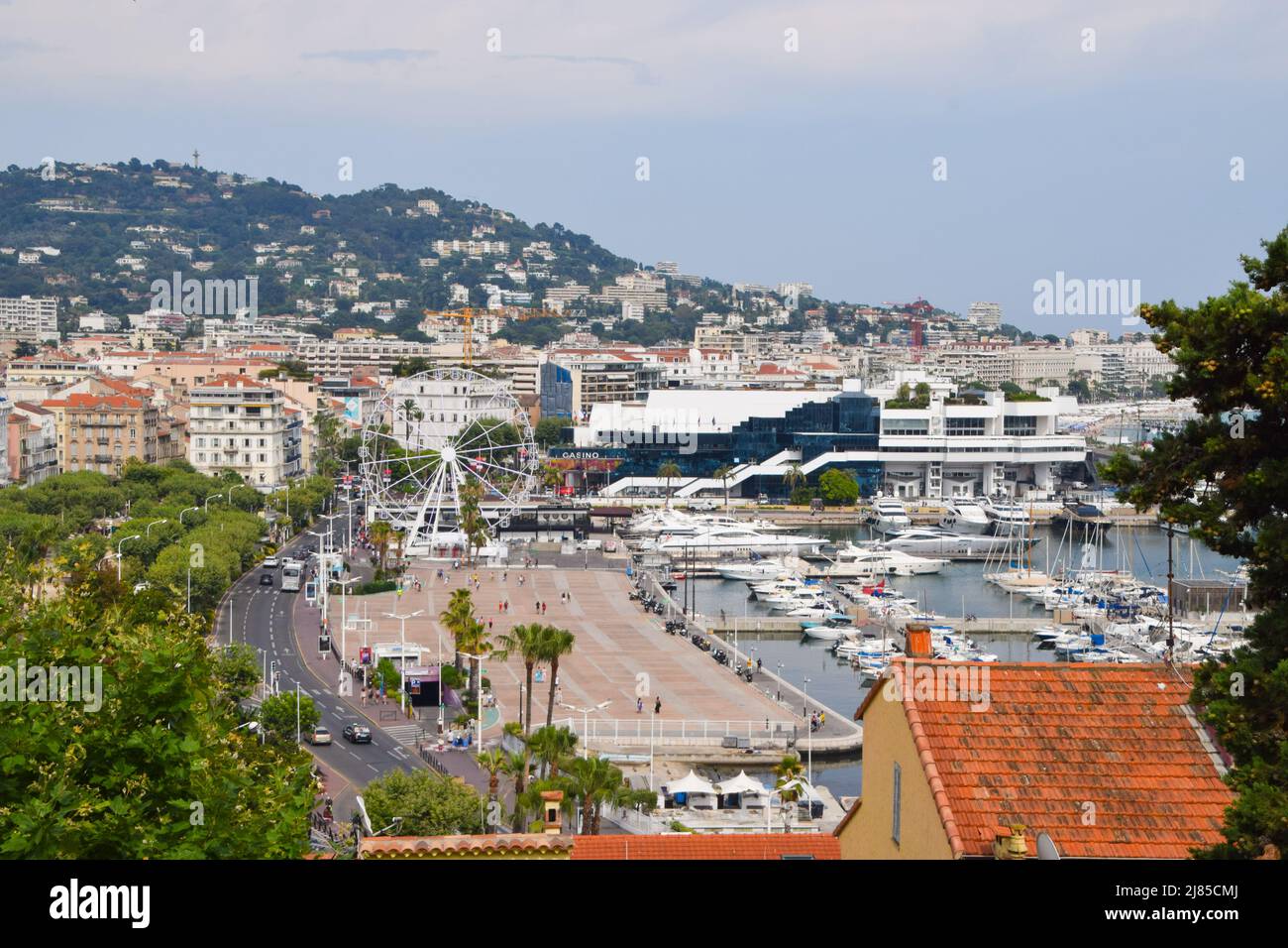 Cannes, France, 2019. Aerial panoramic view of the Old Port, beach and ...
