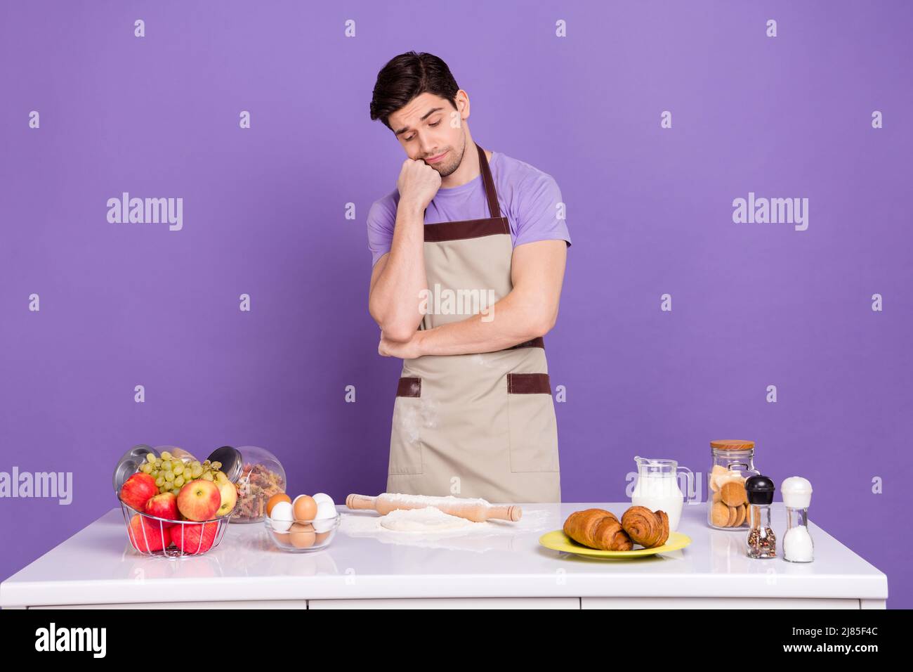 Photo of unsatisfied moody person arm chin look desk table isolated on ...