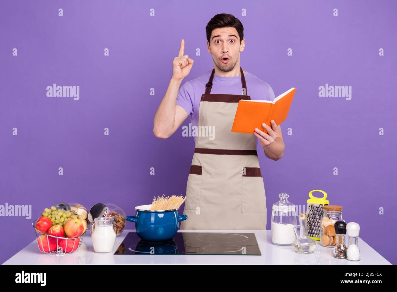 Photo of impressed smart boyfriend dressed chef outfit having tasty ...