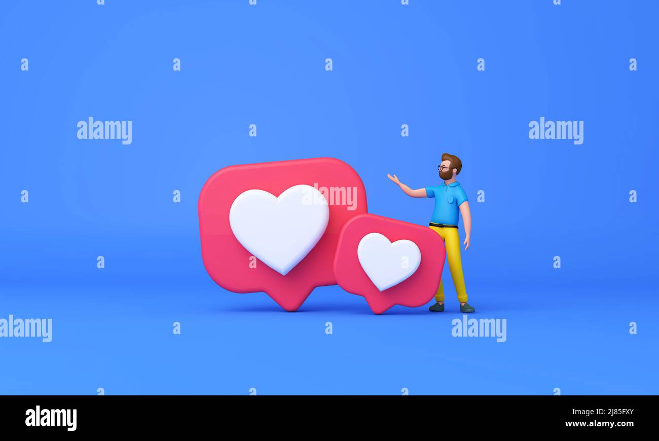 Social media likes concept. Cartoon character man standing next to a ...