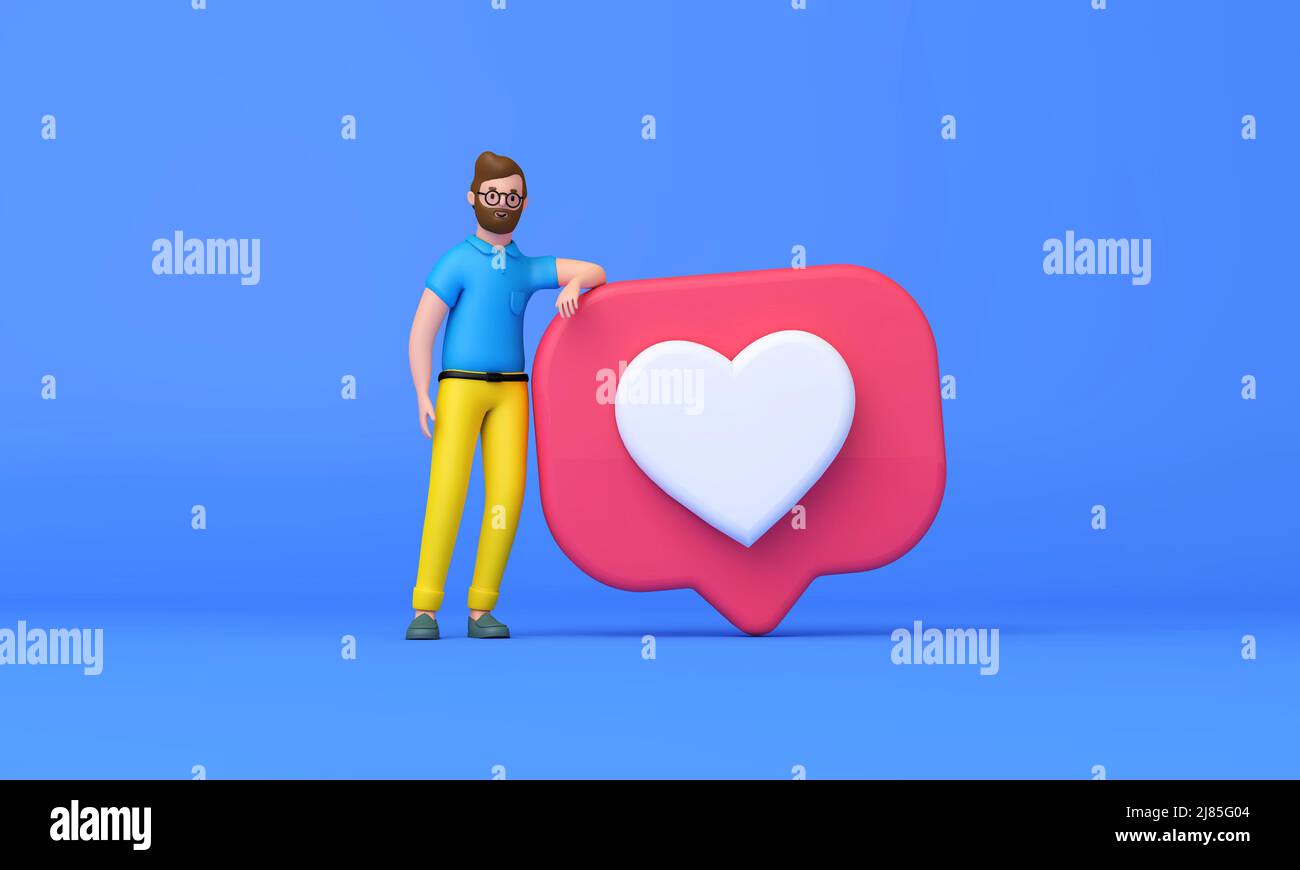 Social media likes concept. Cartoon character man standing next to a ...