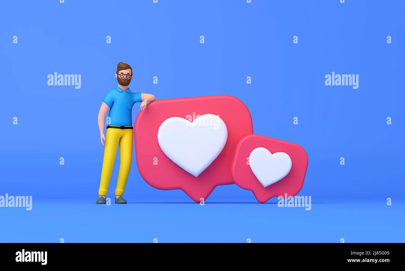 Social media likes concept. Cartoon character man standing next to a ...