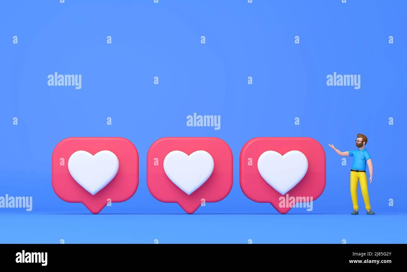 Social media likes concept. Cartoon character man standing next to a ...