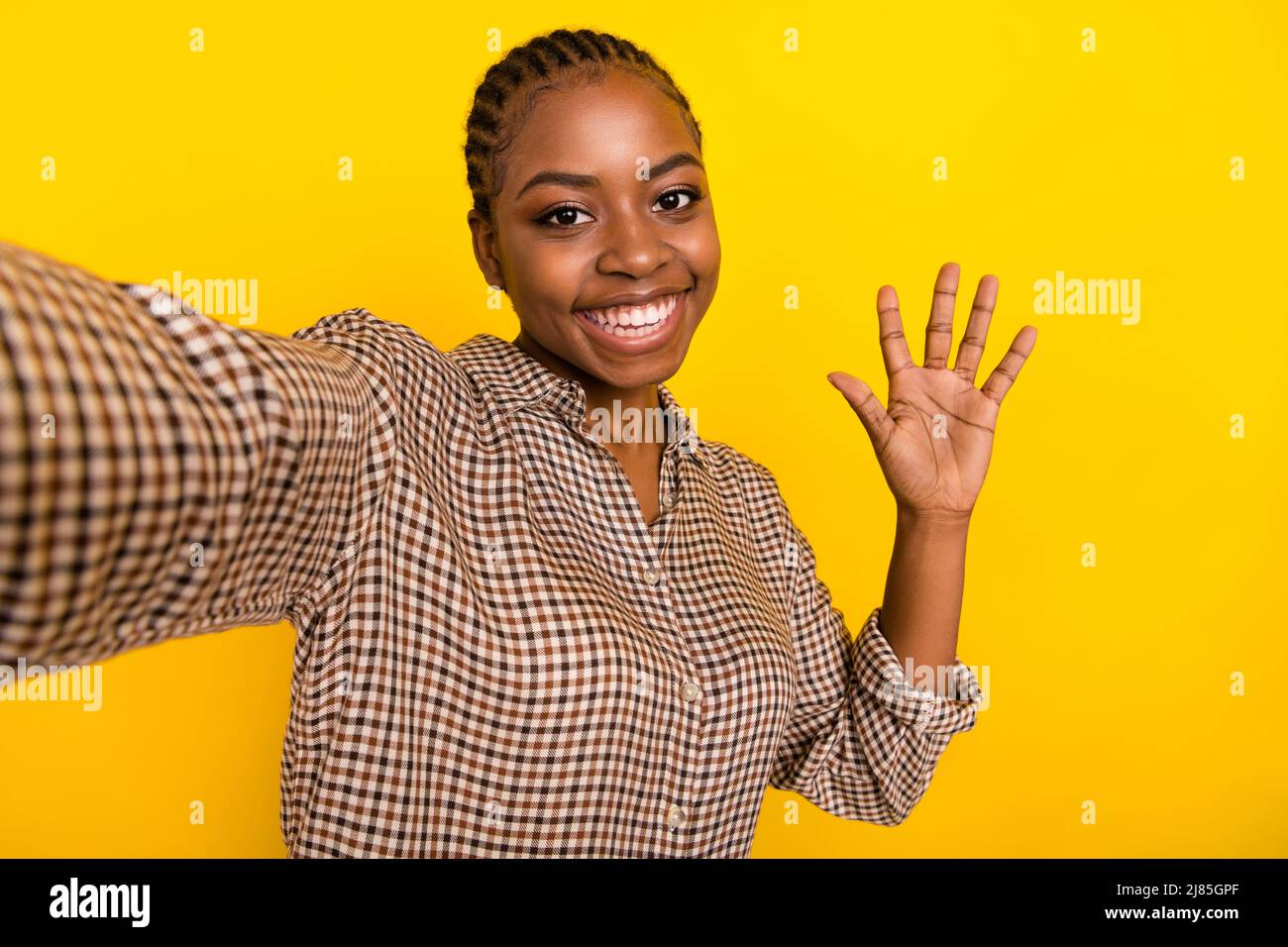 Photo Of Sweet Shiny Lady Dressed Checkered Shirt Tacking Selfie Waving