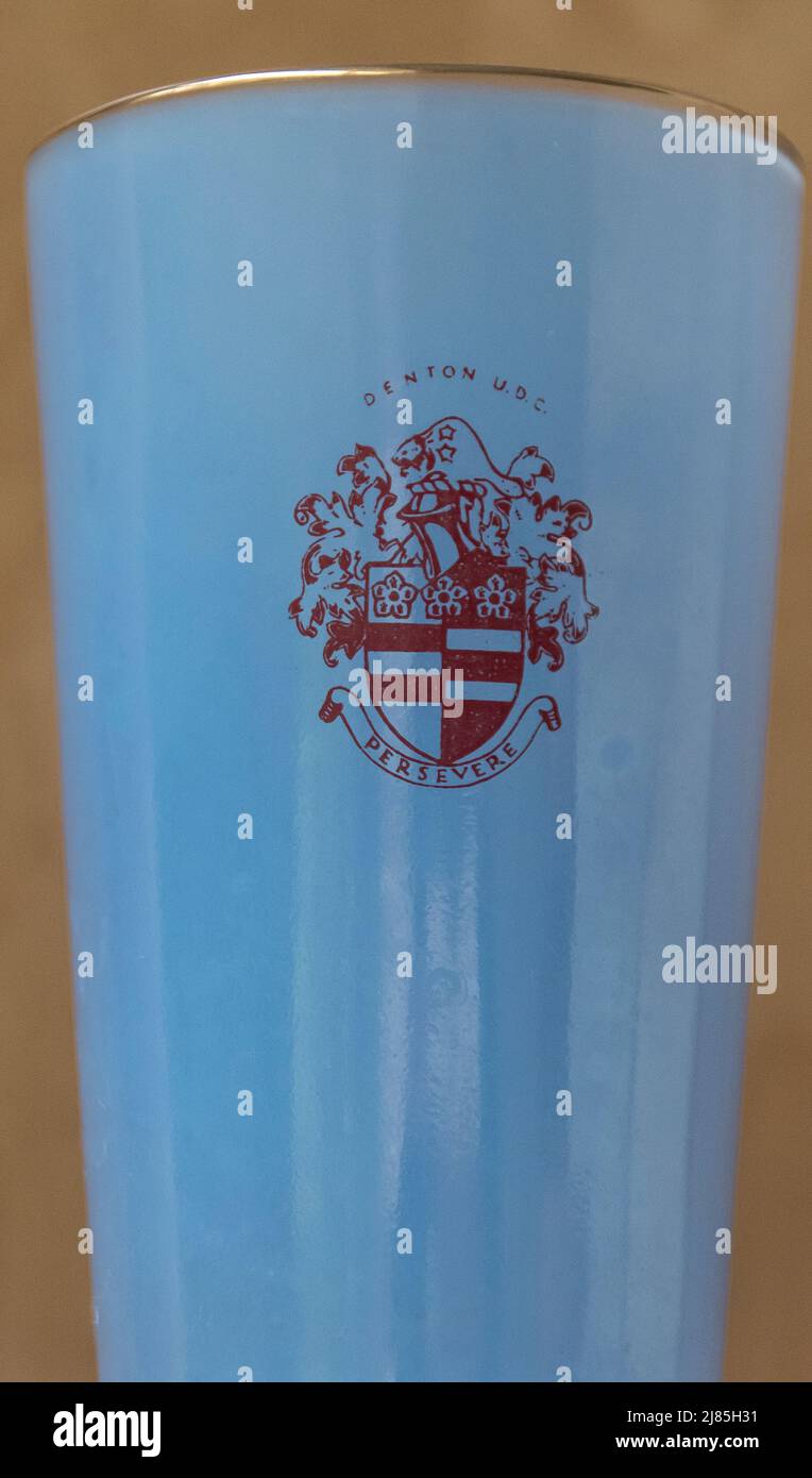 Crest of Denton Urban District Council on back of blue glass tumbler ...