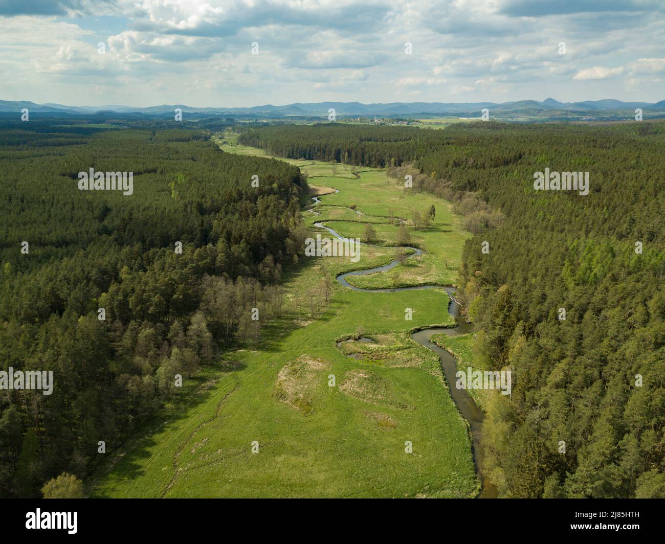 Aerial view of river valley in beautiful spring light, Czech republic ...
