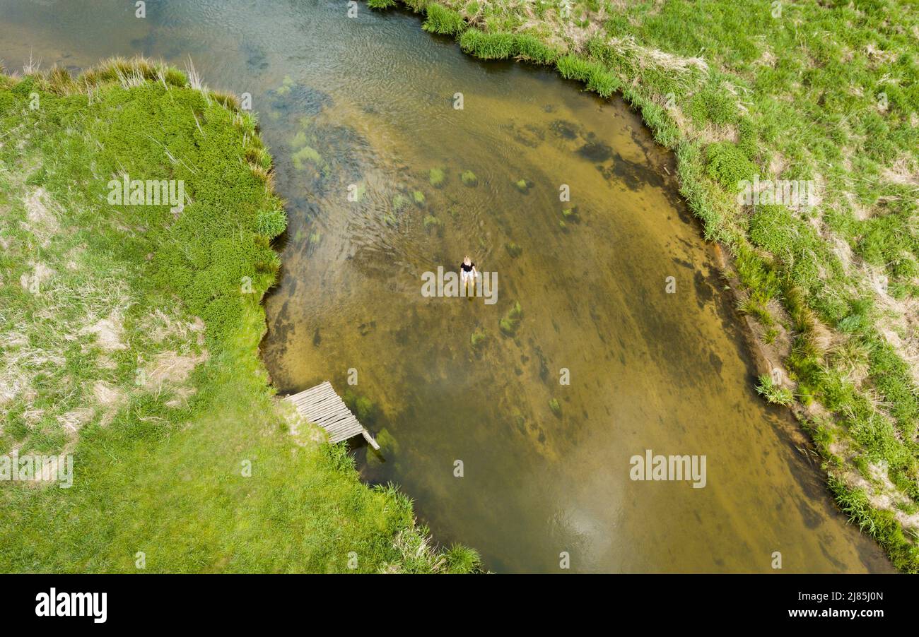 Aerial view of river valley in beautiful spring light, Czech republic ...