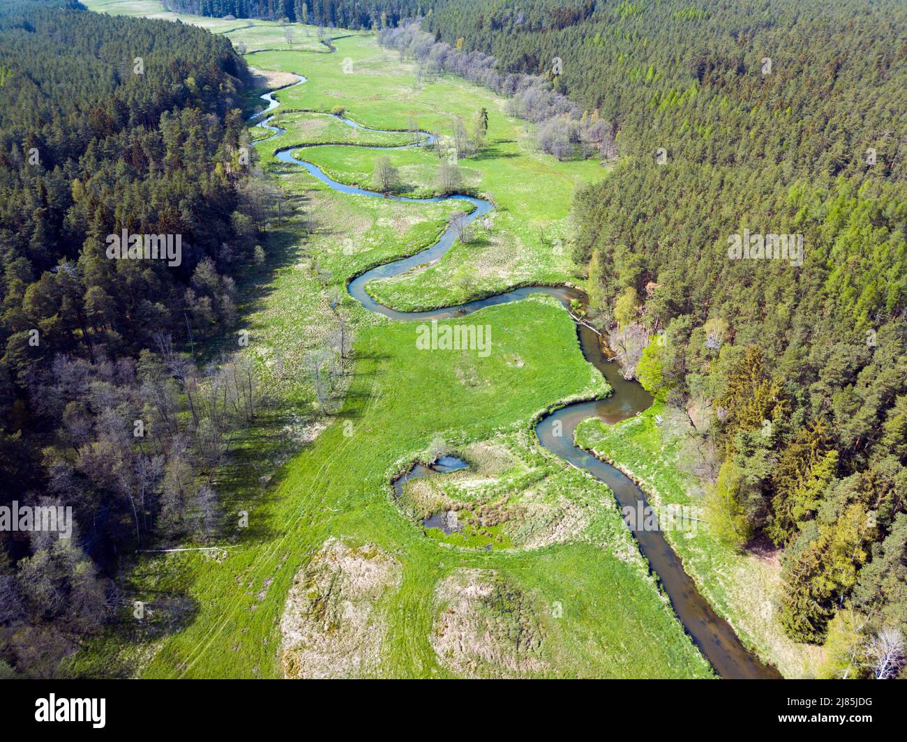 Aerial view of river valley in beautiful spring light, Czech republic ...