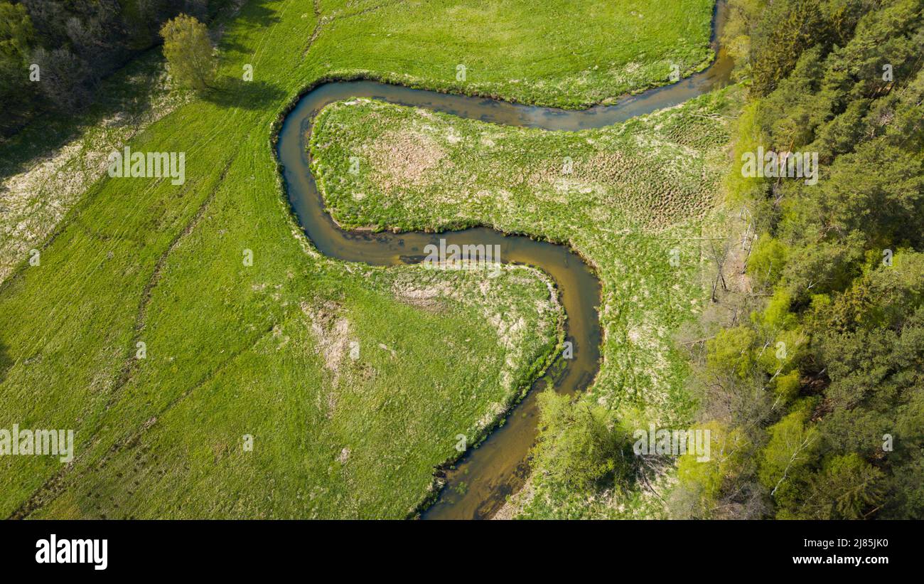 Aerial view of river valley in beautiful spring light, Czech republic ...