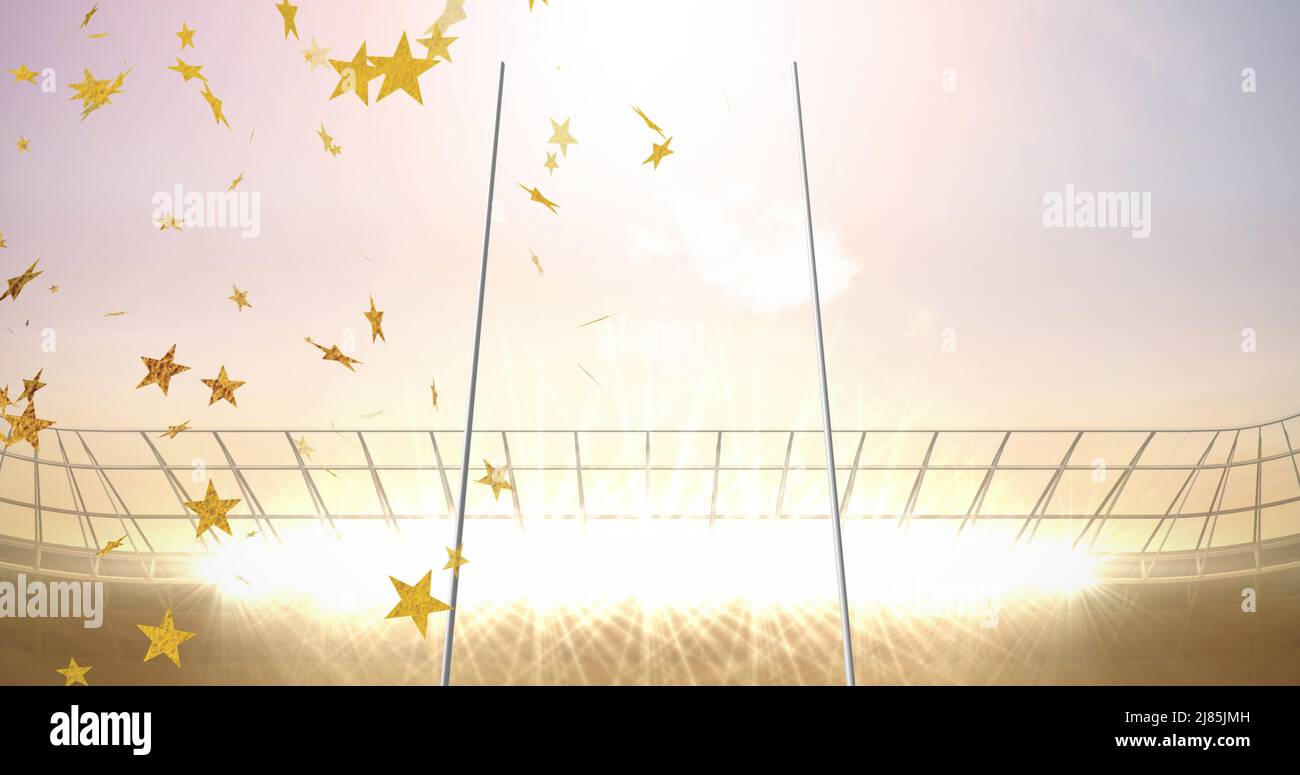 Image of stars over rugby balls coloured with namibia flag falling at ...