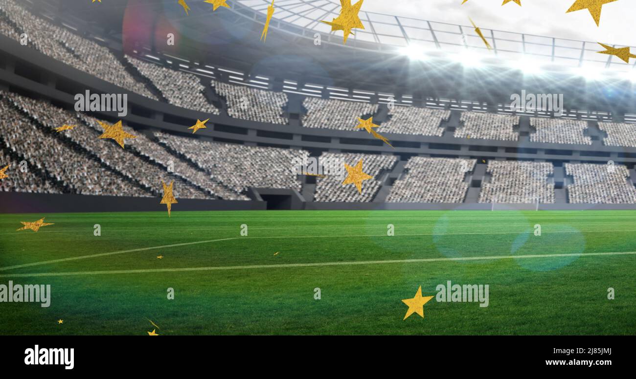 Image of stars over rugby balls falling with france text at stadium ...