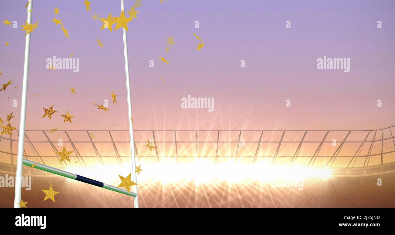 Image of stars over rugby balls coloured with england flag falling at ...