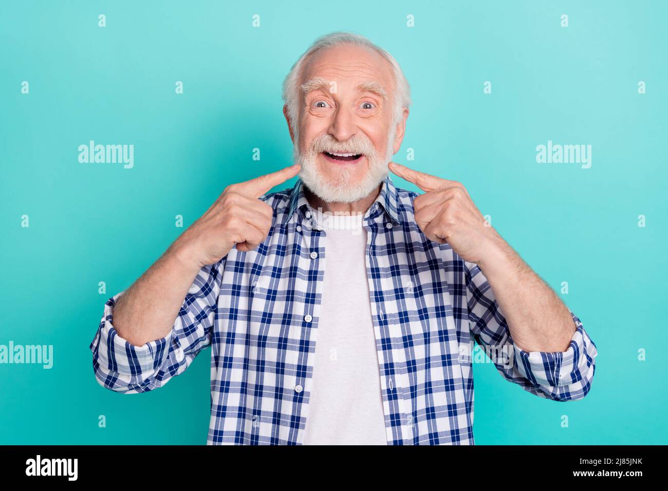 Photo of good mood cute pensioner recommend barbershop show well ...