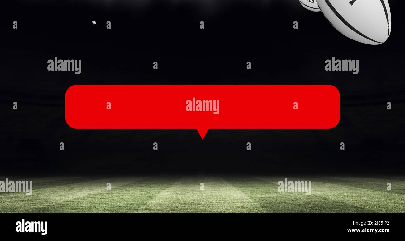 Image of media icon over rugby balls falling with fiji text at stadium ...