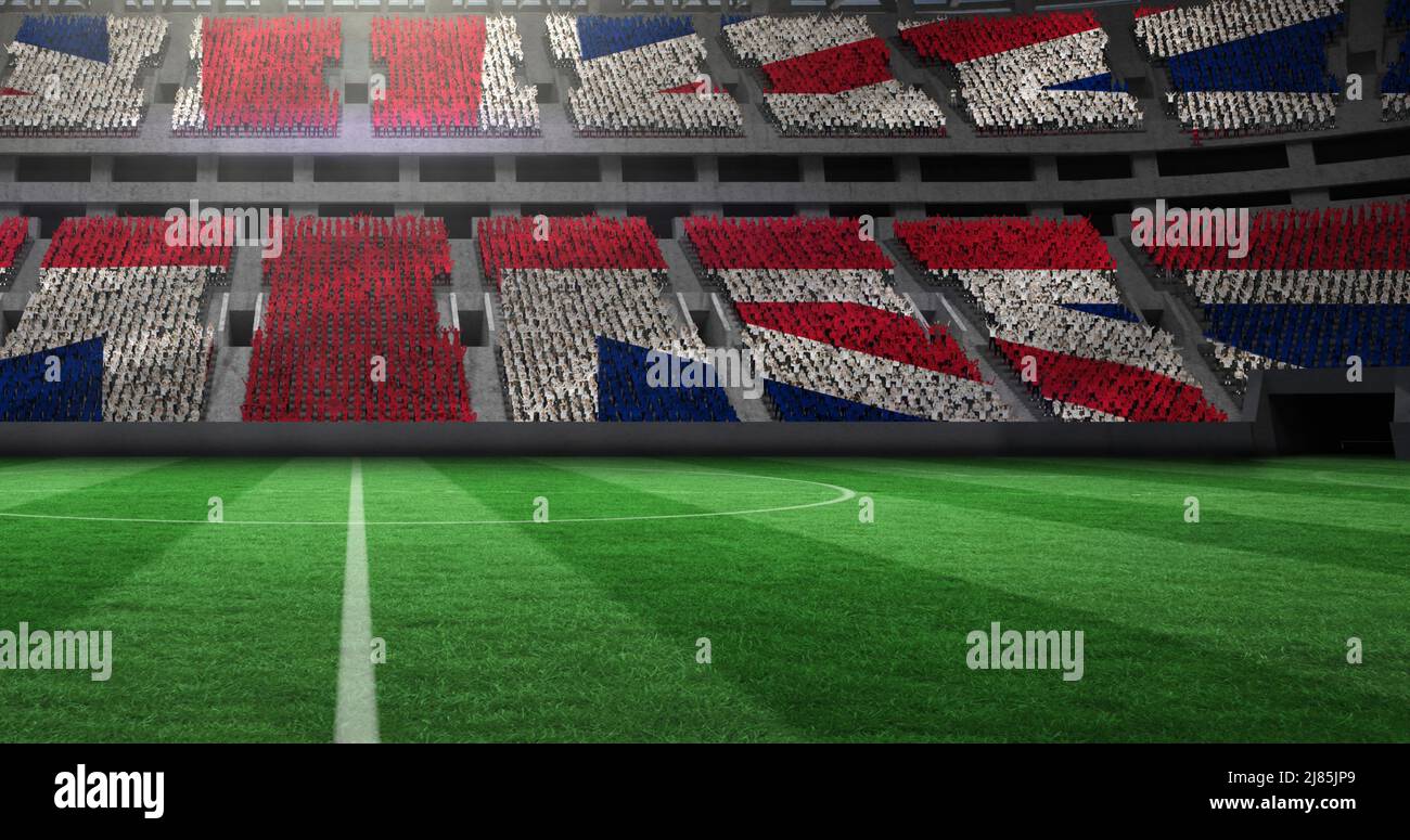 Image of gold confetti falling over flag of united kingdom in sports ...