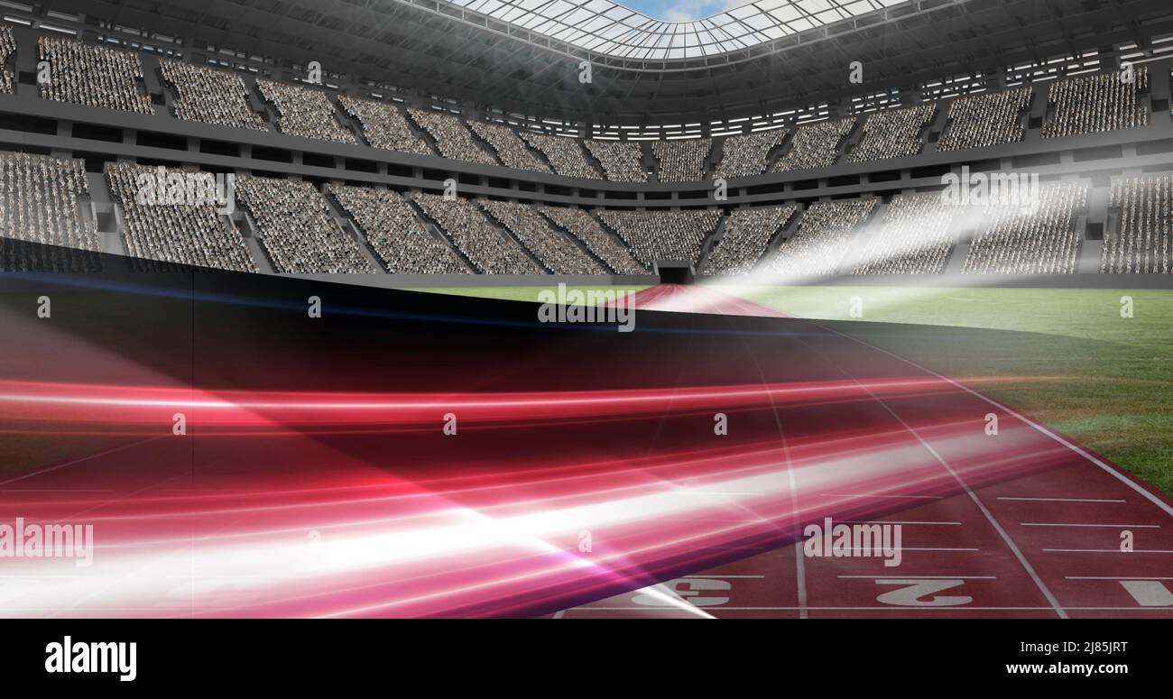 Image of gold confetti falling over glowing light trails in sports ...