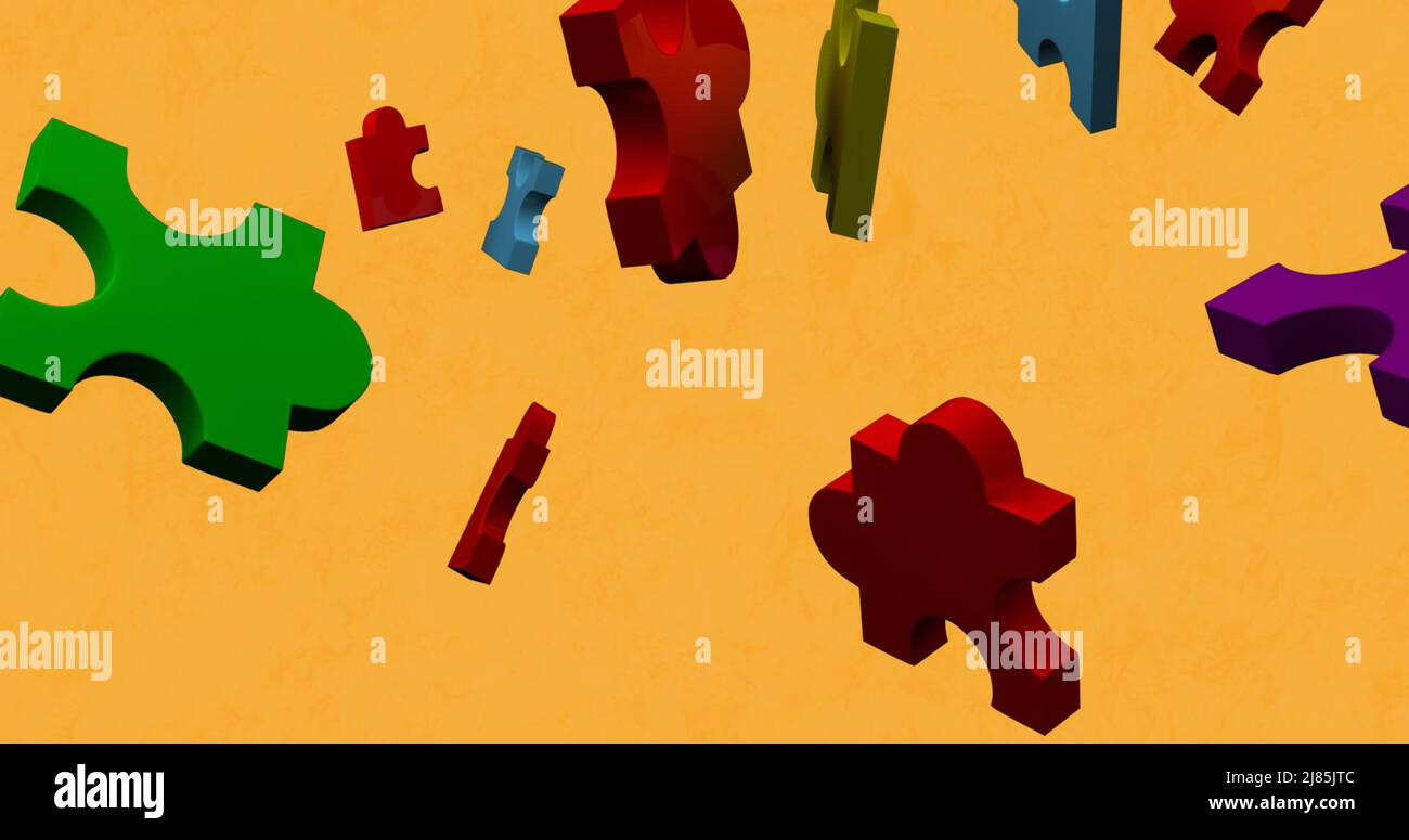 Image of colourful puzzle pieces falling over orange spinning stripes ...