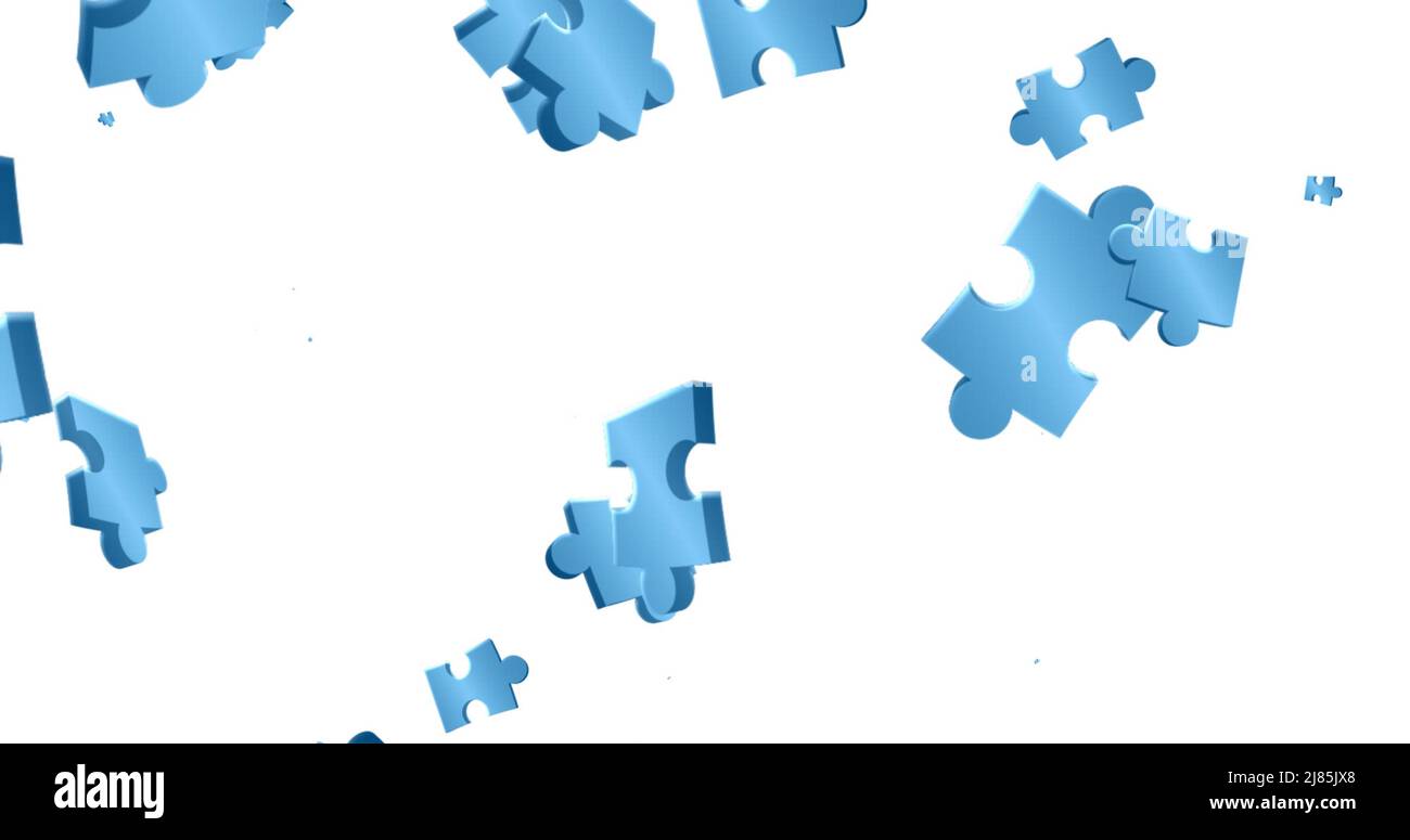 Image of blue puzzle pieces falling over globe on white background ...