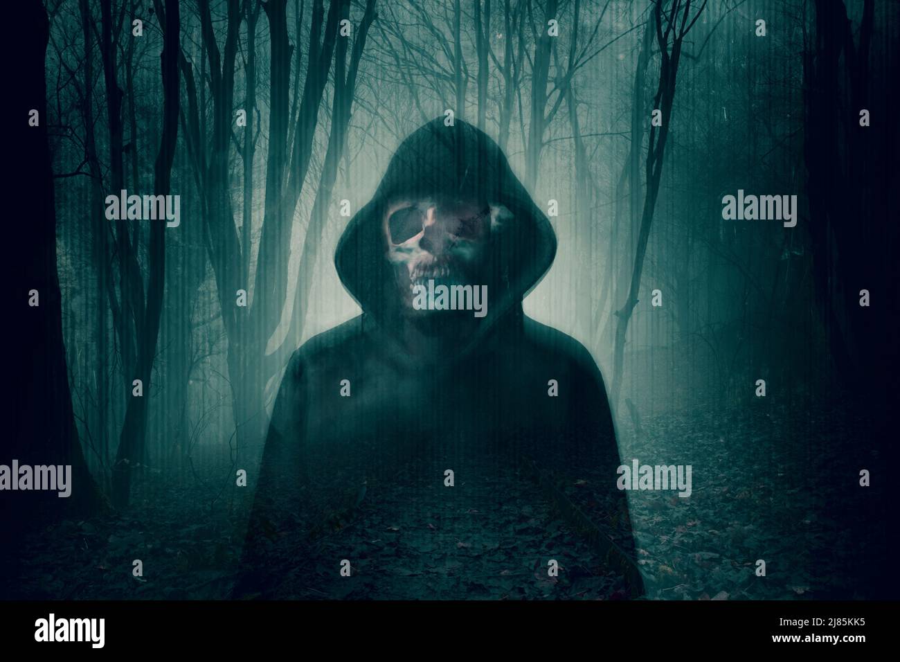 A horror concept of a scary portrait of a ghost like figure in a spooky ...