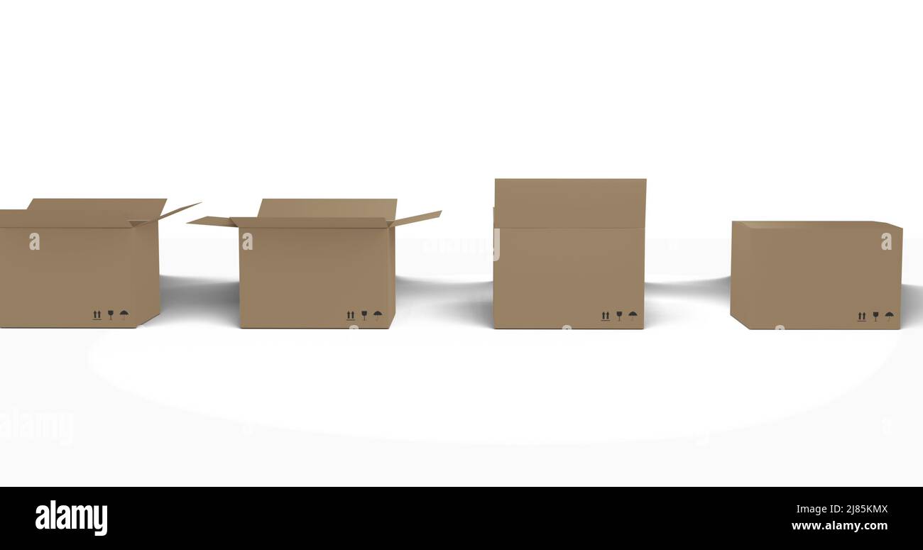 Image of statistics processing over cardboard boxes on white background ...