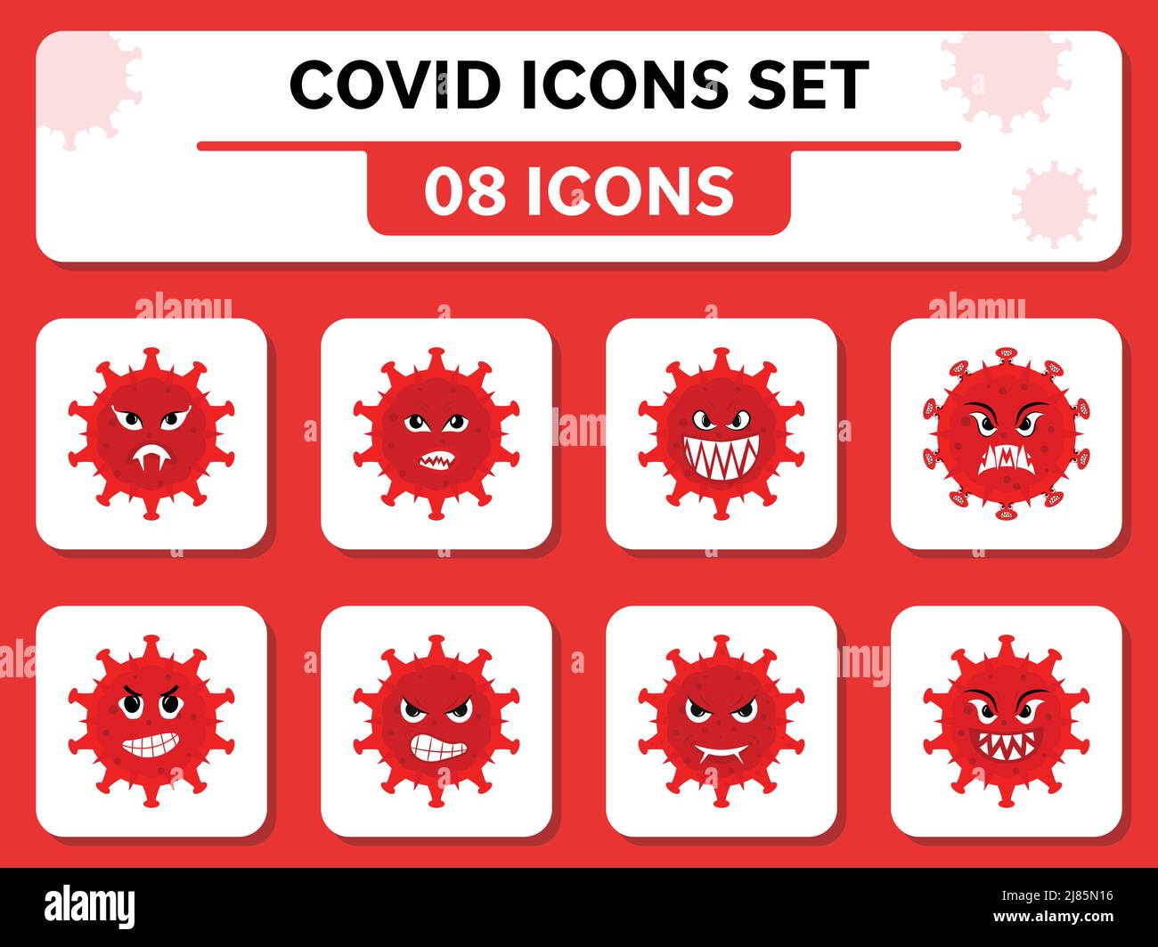 Covid Virus Cartoon Icon Set On White And Red Square Background Stock ...