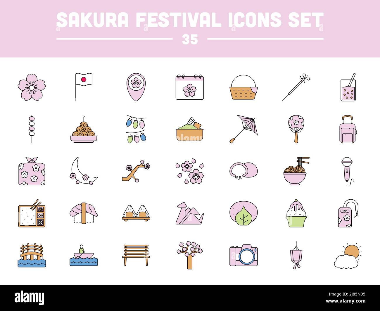 Colorful Sakura Festival 35 Icon Set In Flat Style Stock Vector Image ...