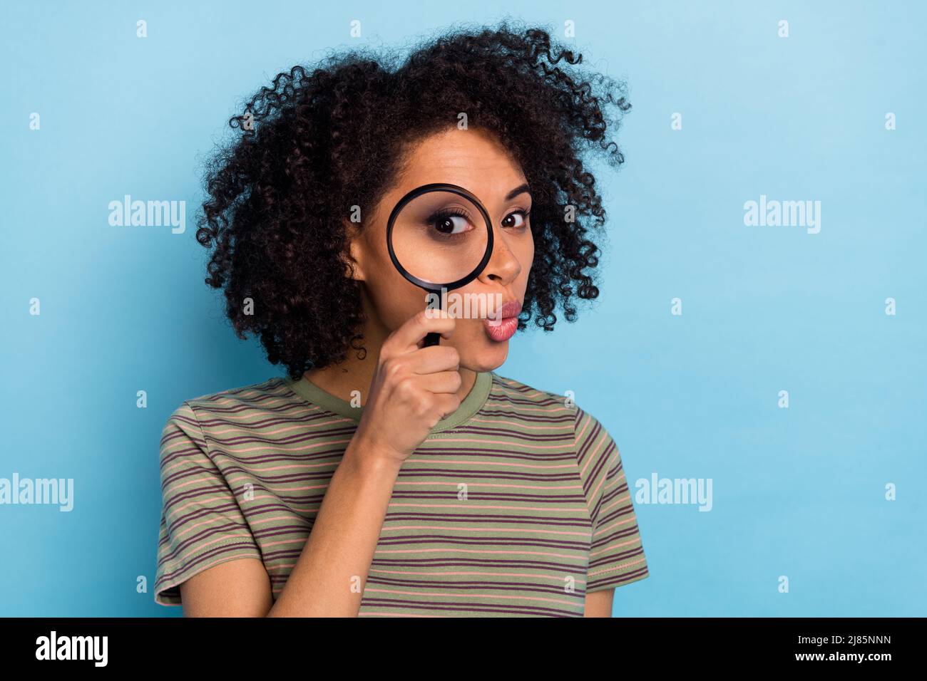 Photo of funny funky lady look magnifier zoom unbelievable unexpected ...