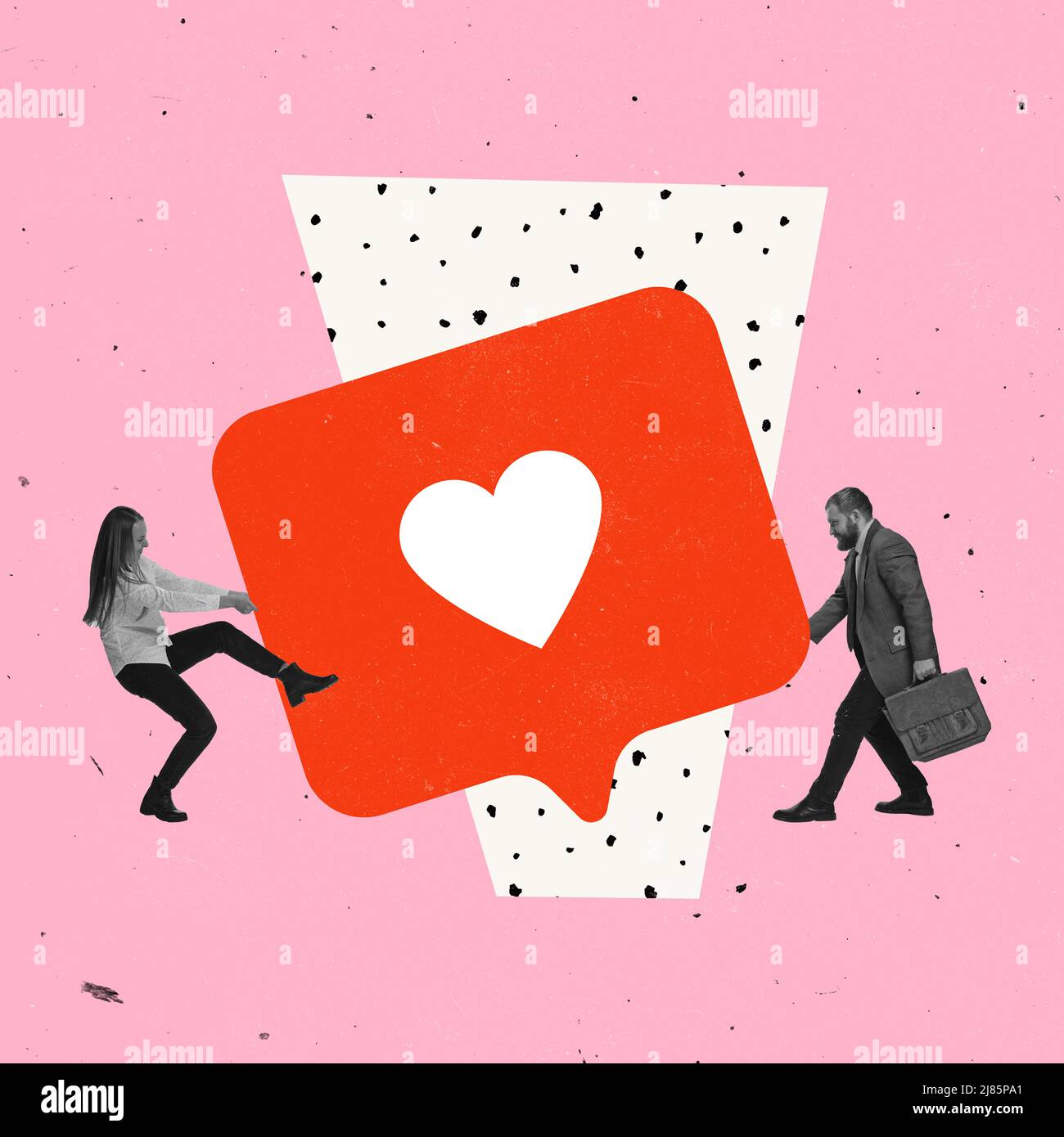 Contemporary art collage. Man and woman fighting to get social media ...