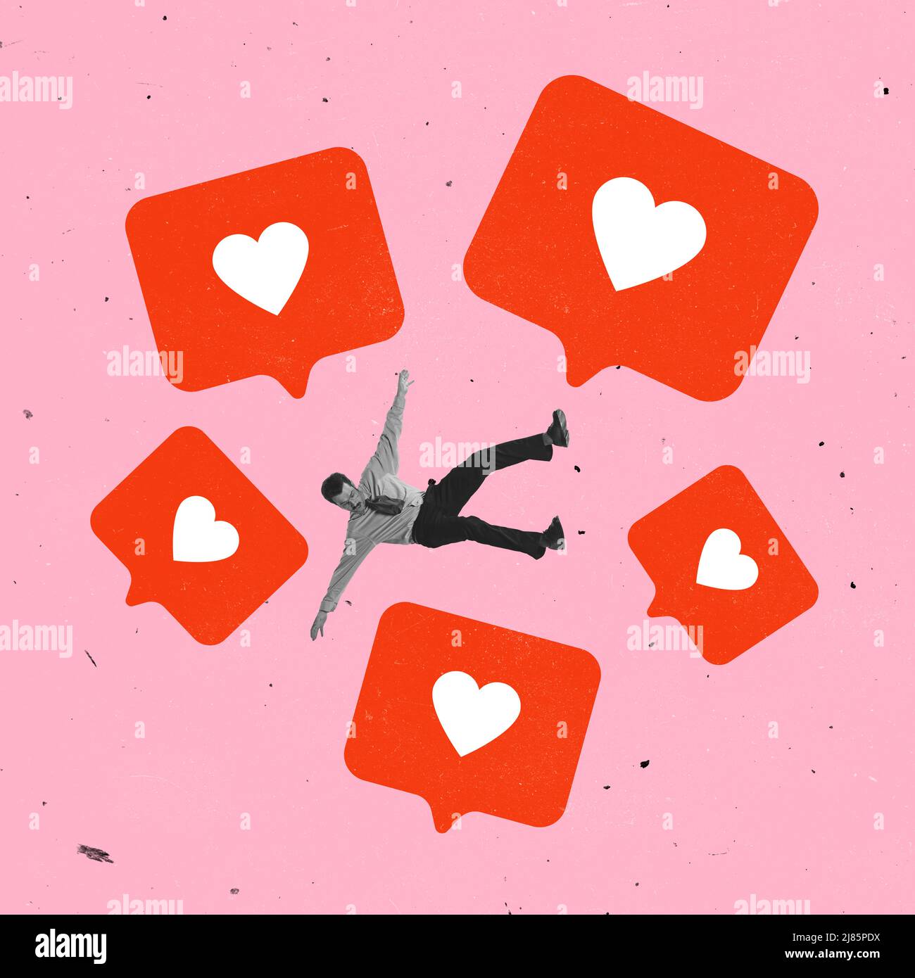 Contemporary art collage. Man falling down aroud social media likes ...