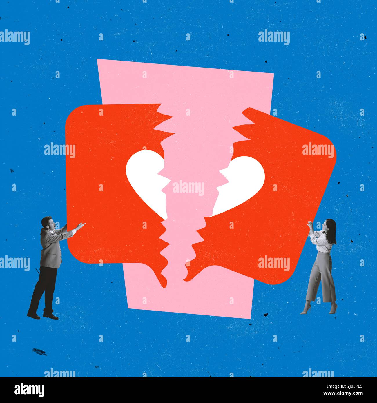 Contemporary art collage. Man and woman connecting broken social media ...