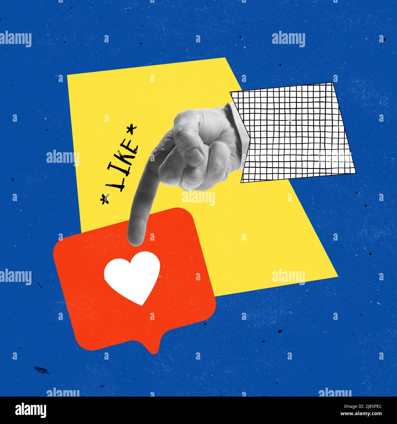 Contemporary art collage. Human hand, finger pointing at social media ...