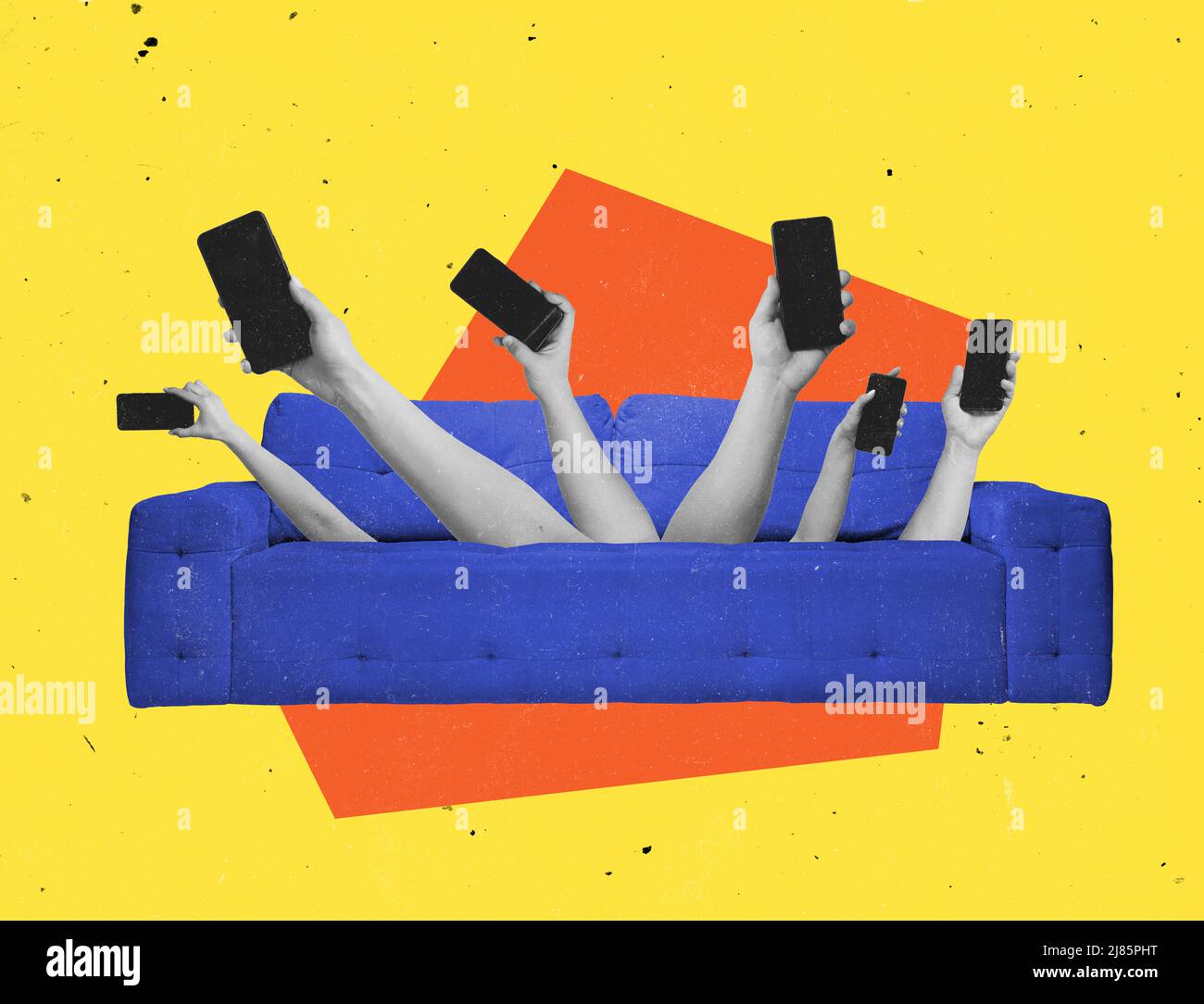 Contemporary art collage. Many human hands with mobile phones appearing ...