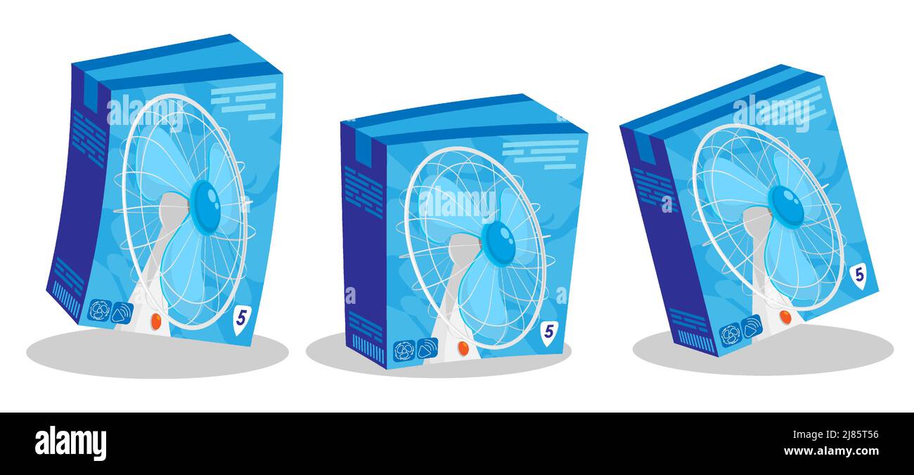 Cardboard box with electric fan, preparing for hot summer season ...