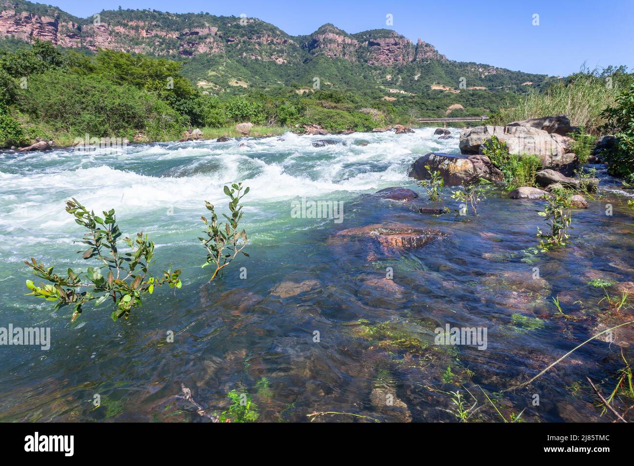 River white water rapids rushing waters over rocks in tropical valley ...