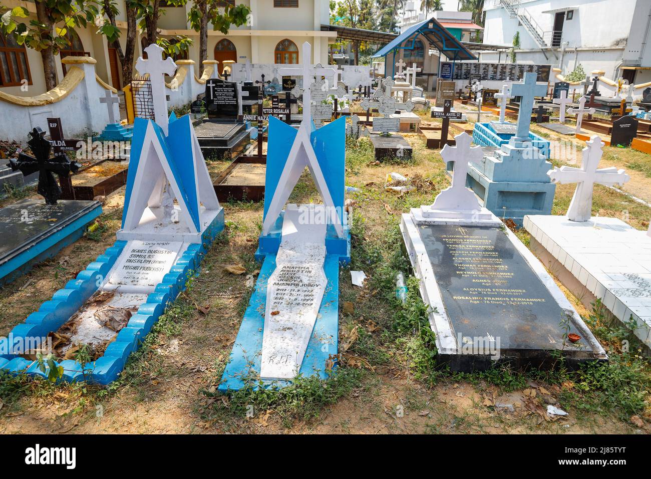 The graveyard at the Holy Cross Church in Tangassery, Kerala, India ...
