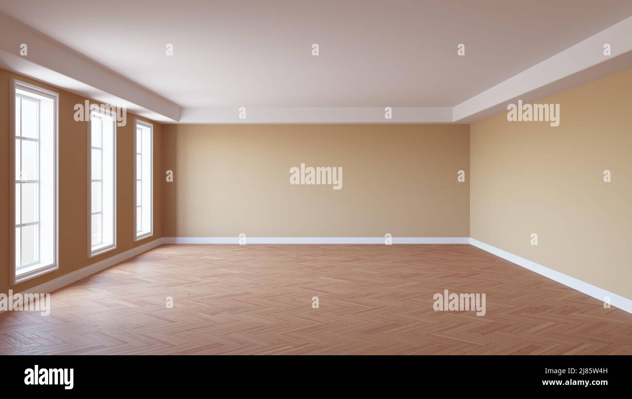 Empty Room with Light Beige Walls, Cornice, Three Large Windows ...
