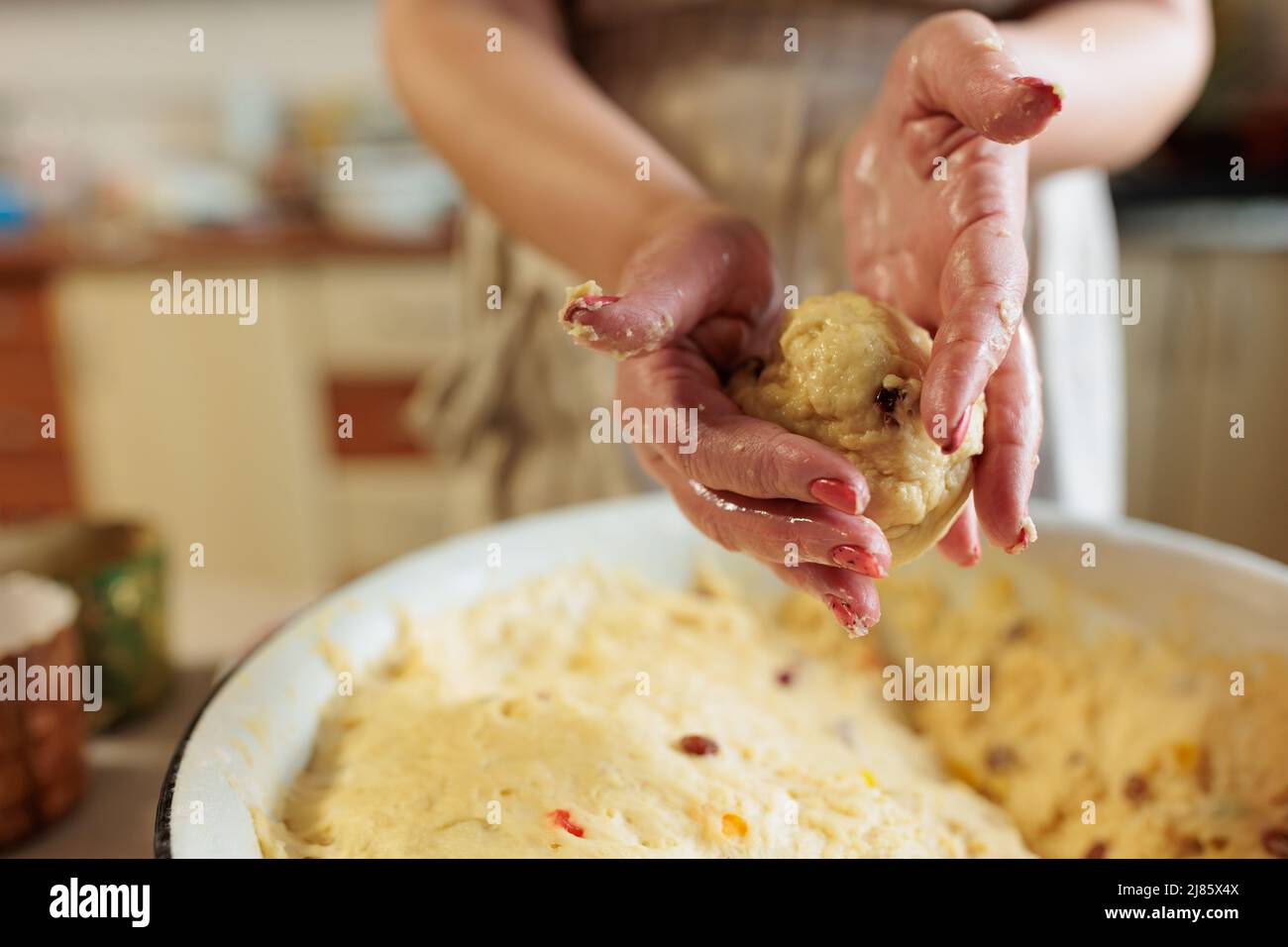 Culinary, cooking, baking concept. Female hands kneading dough ...
