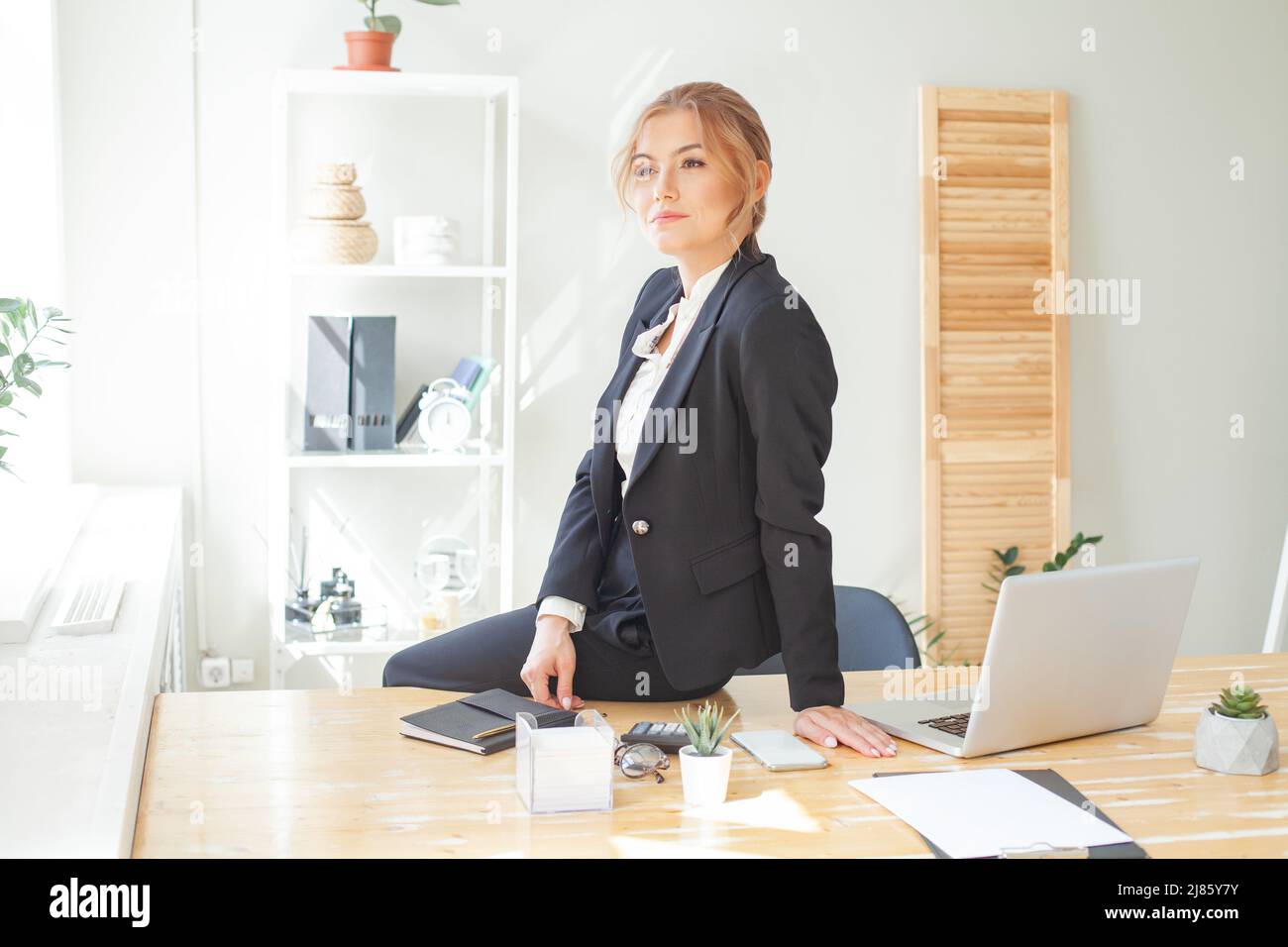 Smiling business woman sitting at her office workstation Stock Photo ...