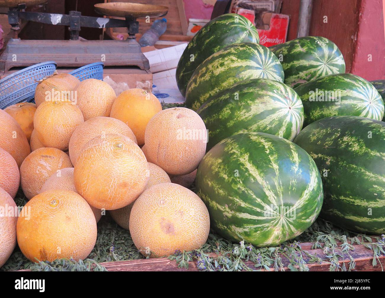 Fruit stall with watermelon and melons in Morocco, Africa Stock Photo ...