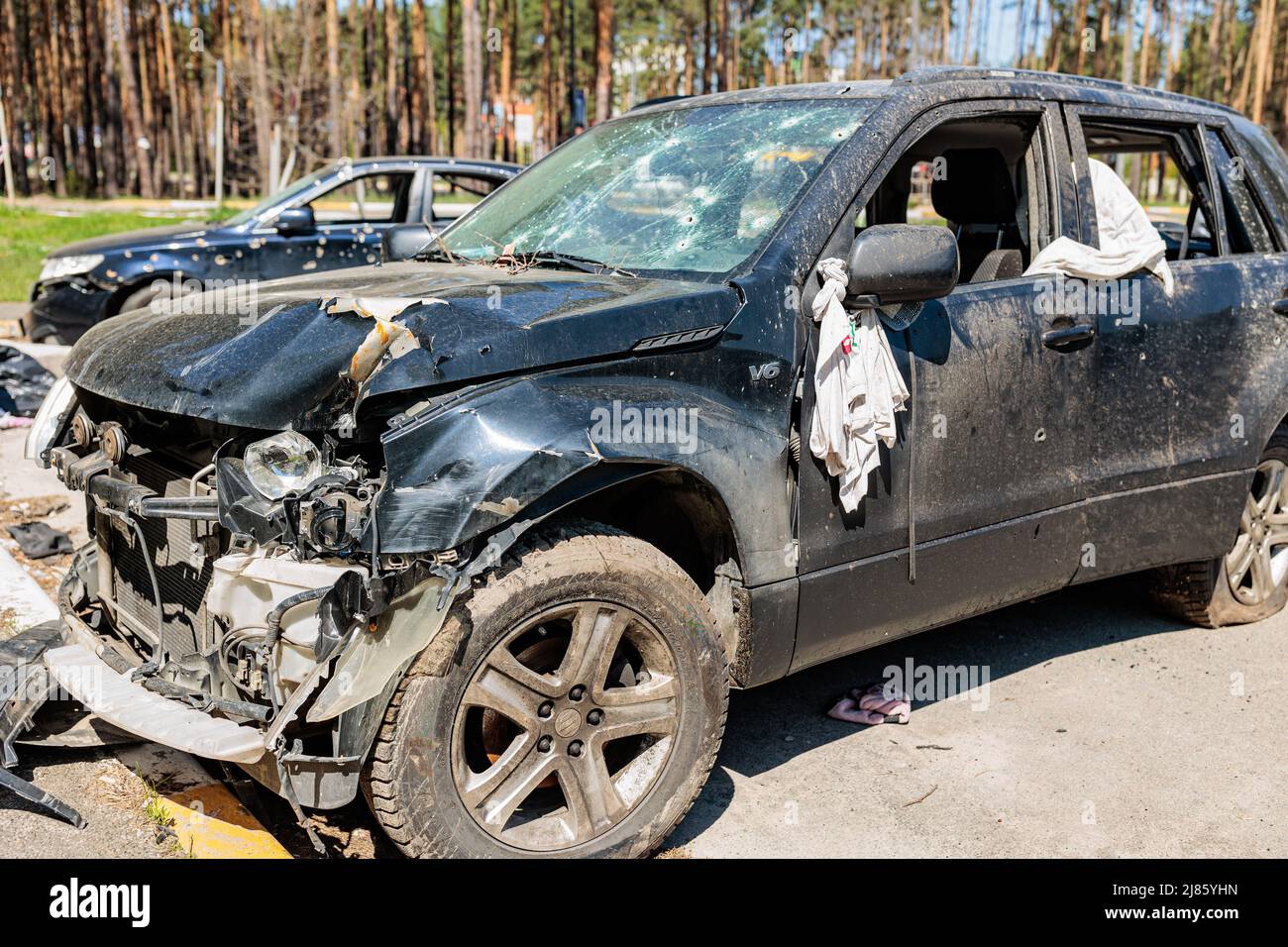 Many shot and destroyed cars at the car graveyard in Irpin, Ukraine ...