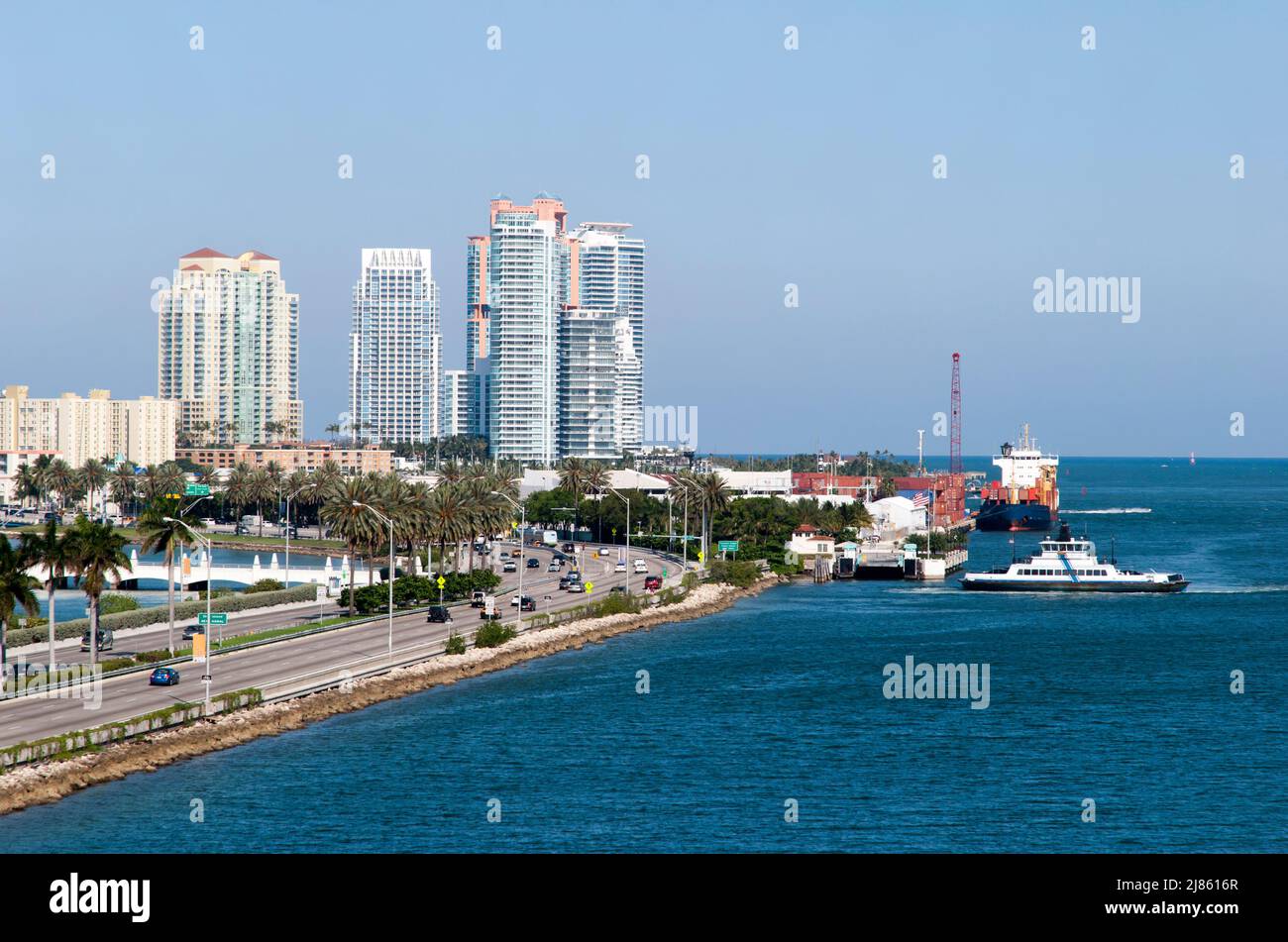 The view of Miami Main Channel and Miami Beach skyline in a background ...