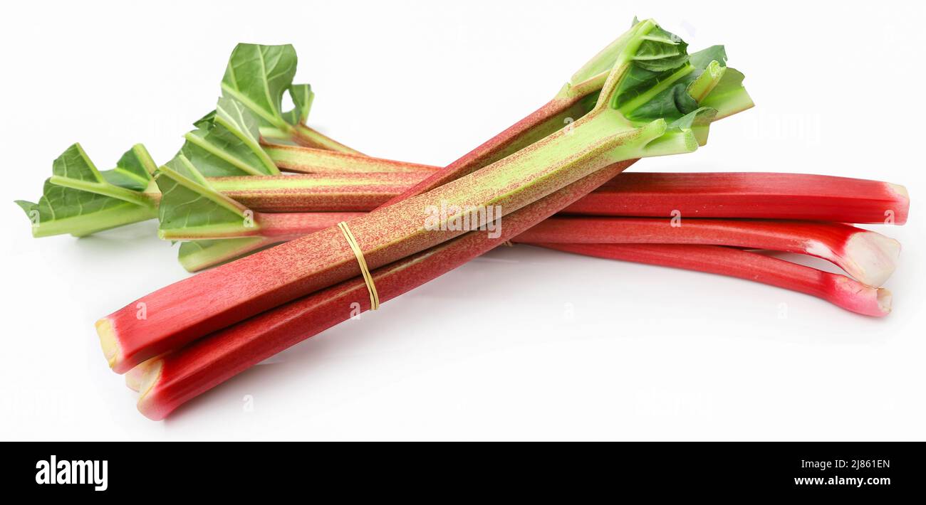 Fresh rhubarb stem and leaves over white background Stock Photo - Alamy