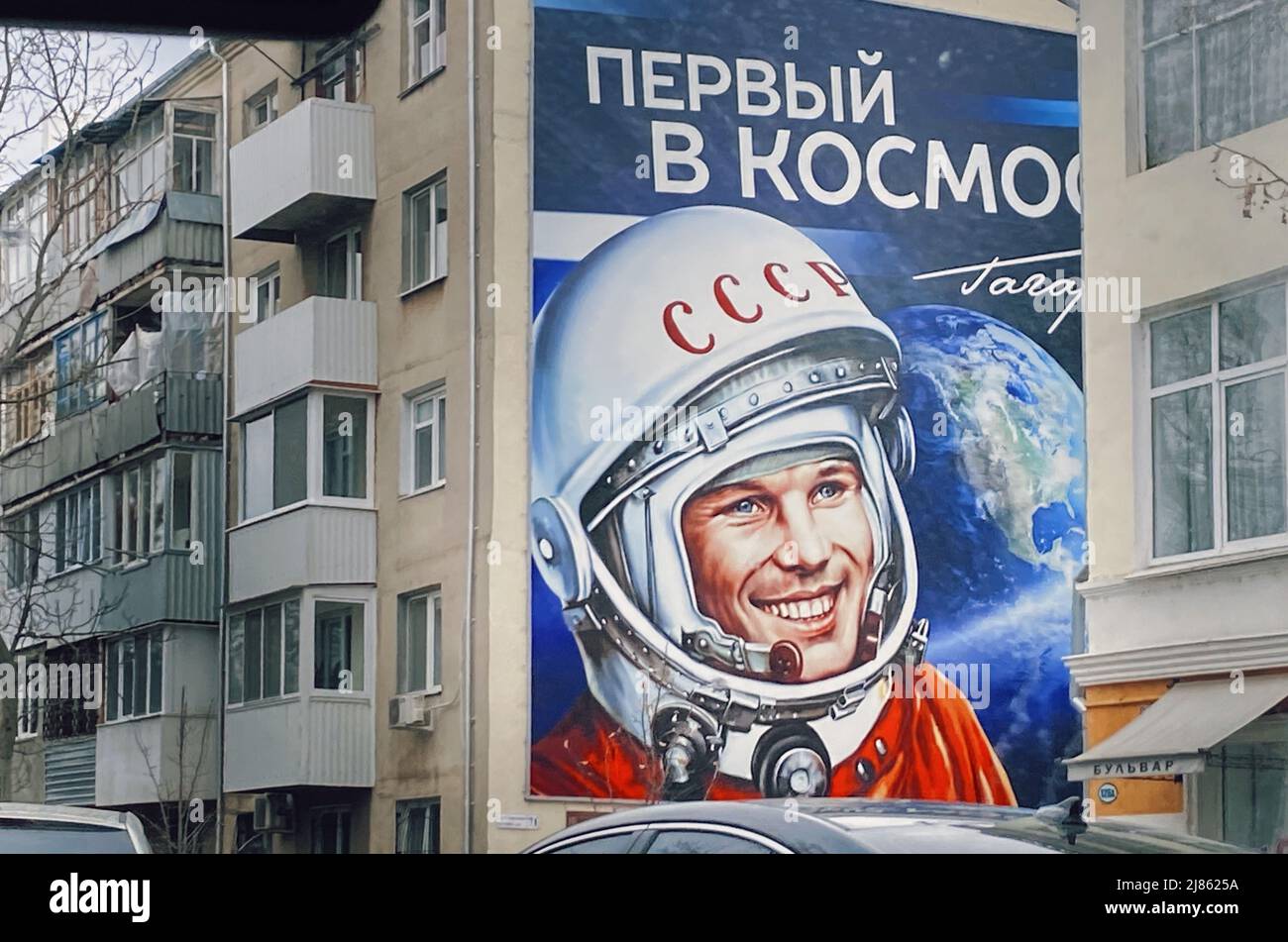A mural depicting Yuri Gagarin in the capital Tiraspol. Transnistria is ...
