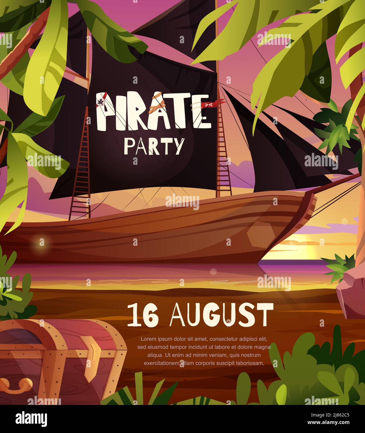 Pirates party invitation poster. Sailing pirate ship with black flags ...