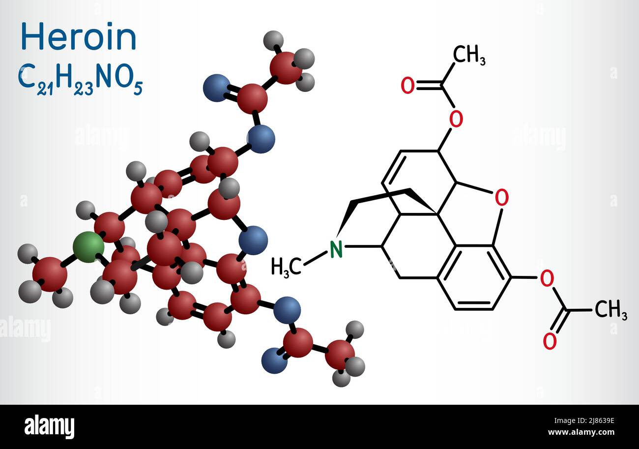 Heroin, diacetylmorphine, diamorphine molecule. It is opioid, narcotic ...