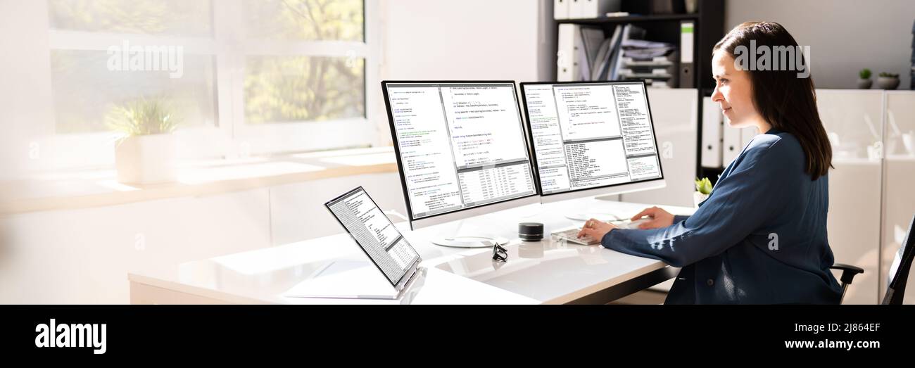 Programmer Woman Coding On Computer. Coder Girl Stock Photo - Alamy