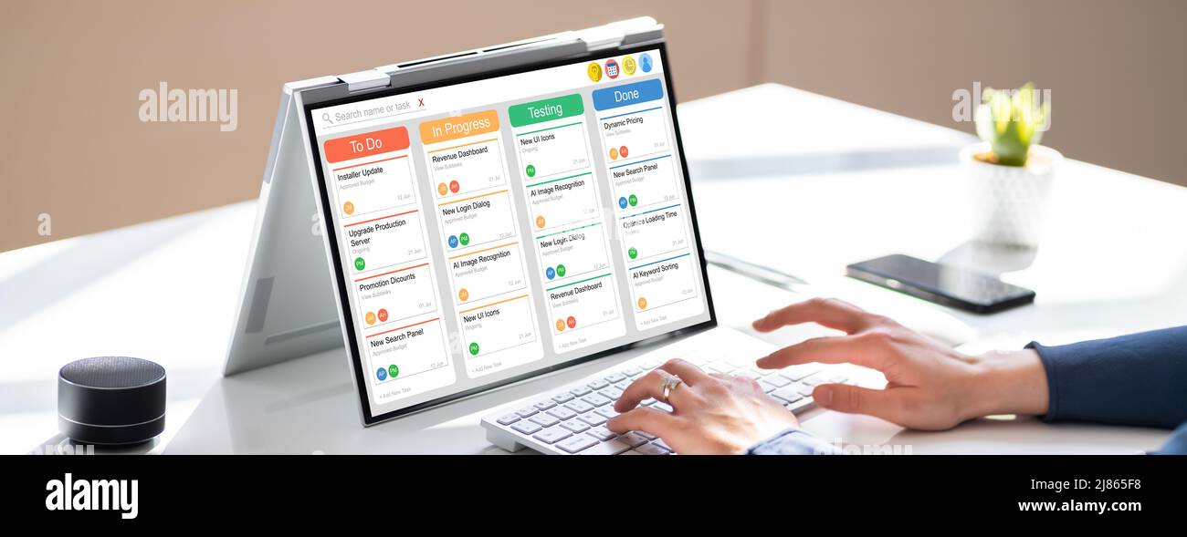 Kanban Project Schedule Management Software App On Laptop Stock Photo ...