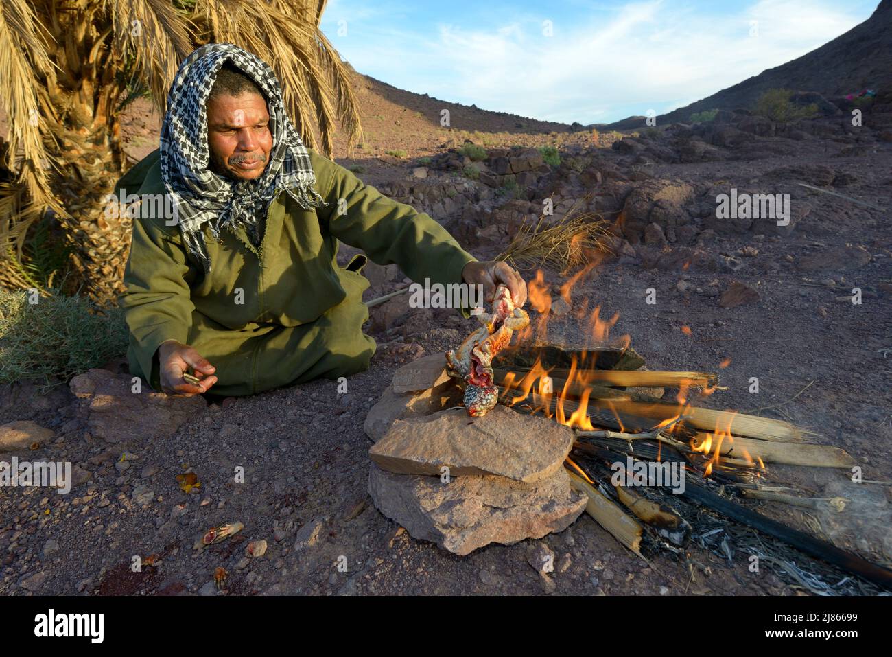 Man cooking a Moroccan Spiny-tailed Lizard-Morocco Stock Photo - Alamy